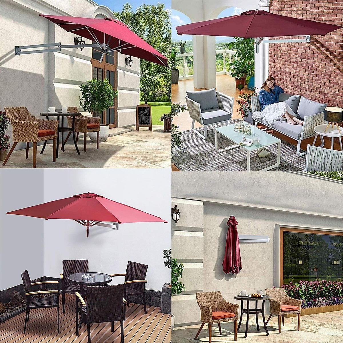 Patio Umbrella Large Wall Mounted Aluminum Cantilever Parasol, 8ft(2.5m) Tilting Patio Umbrellas with 8 Ribs, Garden/Pool/Outside Polyester Shade Canopy (Color : Dark red)
