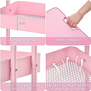 TOOLF Rolling Storage Cart with Drawer & Table Top, 3 Tier Metal Rolling Utility Cart, Rolling Cart Organizer for Teacher Craft Baby Nursery, Utility Cart for Kitchen Bathroom Bedside Office(Pink)