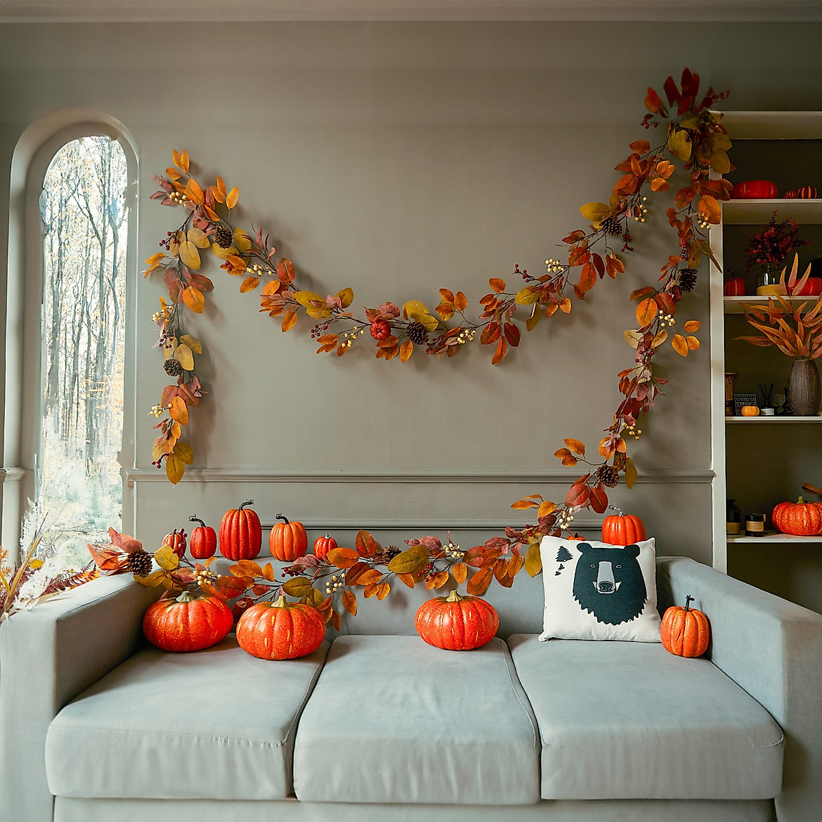 Anna's Whimsy 13FT Thanksgiving Garland, Leaf Garland with Pumpkin and Pine Cone,Hanging Autumn Garland for Door Wall Staircase Porch Balcony Fireplace Fall Decor Indoor Thanksgiving Decor
