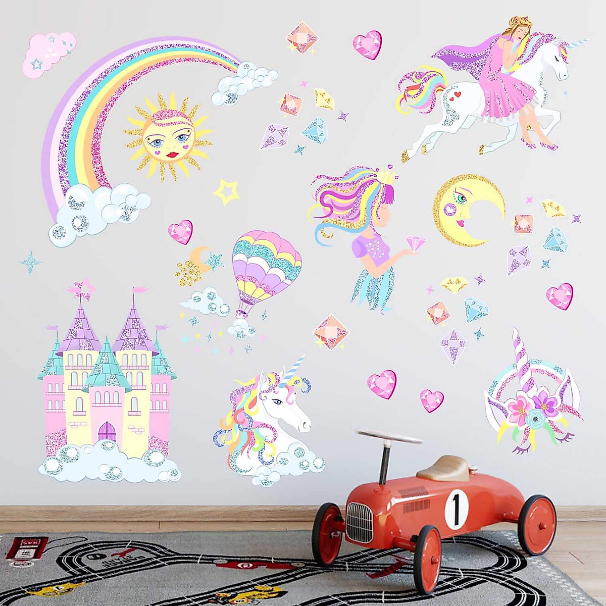 Castle Unicorn Wall Decals Princess Reflective with Heart Rainbow Vinyl Wall Stickers Gifts for Baby Girls Bedroom Party Decoration (3PCS)
