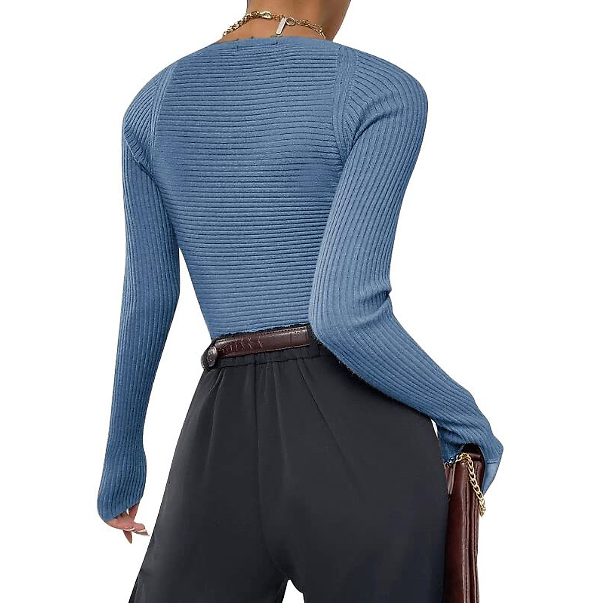 Women V Neck Sexy Crop Sweater Pullover Long Sleeve Ribbed Knit Fitted Slim Casual Tops Blue