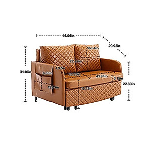 VKKILPEE Modern Pull Out Sofa Bed Convertible Couch Bed PU Sofa Sleeper with 2 Pillows & Side Pockets Small Full Bed Loveseat Futon Couch Sleeper with Headboard, Easy Assembly, Brown