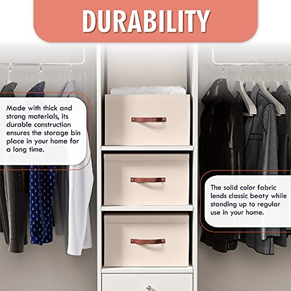 Ornavo Home 3 Pack Collapsible Storage Bins with Lid, Foldable Linen Fabric Shelf Storage Basket Closet Organizer and Large Storage Box for Clothes with Leather Handles, 15 x 10 x 9, Beige