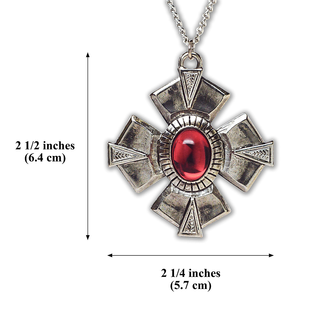 Medallion with Red Cabochon Medieval Renaissance Silver Finish Pendant Necklace