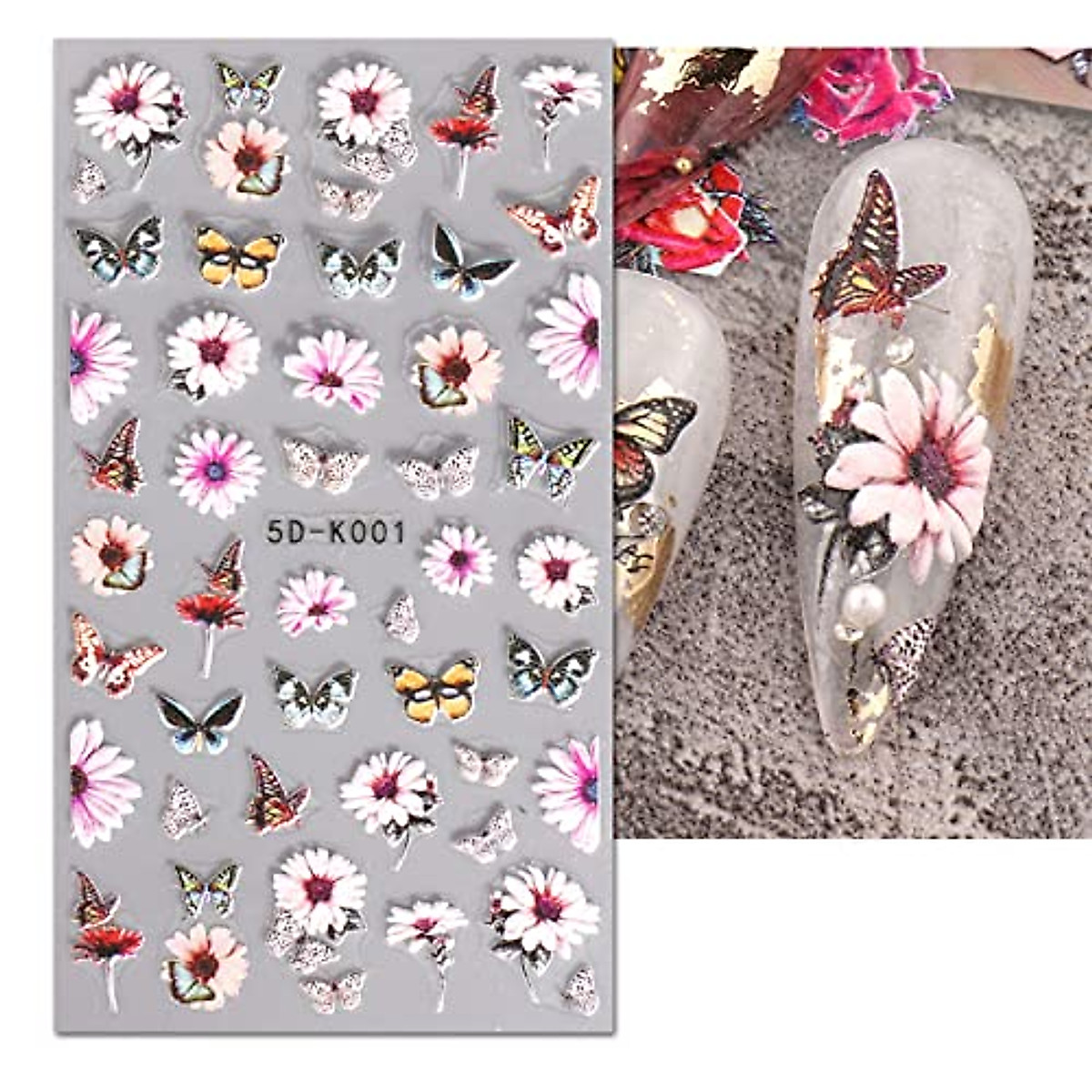 JMEOWIO 3D Embossed Spring Butterfly Flower Nail Art Stickers Decals Self-Adhesive Pegatinas Uñas 5D Colorful Nail Supplies Nail Art Design Decoration Accessories 4 Sheets