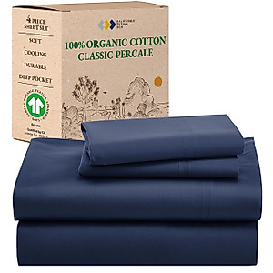 California Design Den 100% Organic Cotton Sheets King Size Set - Crisp Percale Deep Pocket Sheets, GOTS Certified, Cool and Durable Bedding Set - Navy Blue
