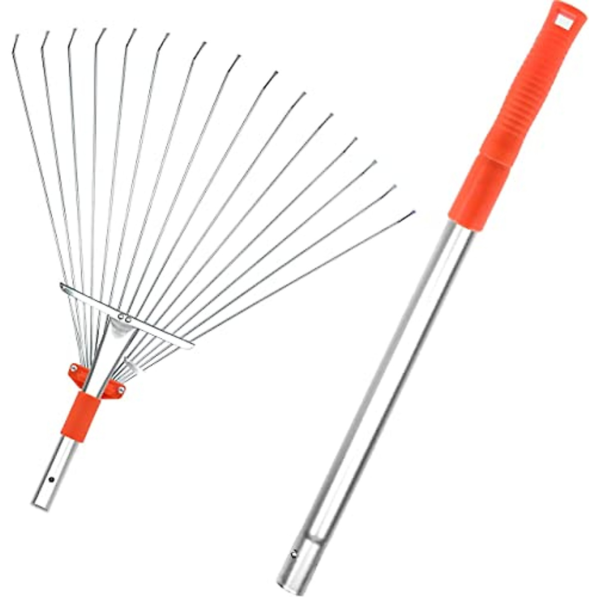 Karveden Adjustable Leaf Rake Garden- Expandable Metal Rakes for Lawns Yard Roof , Outdoor Portable Gardening Tools 8 to 63 Inch Telescopic Rake Easy to Clean Weed, Flowers,Leaves (Orange)