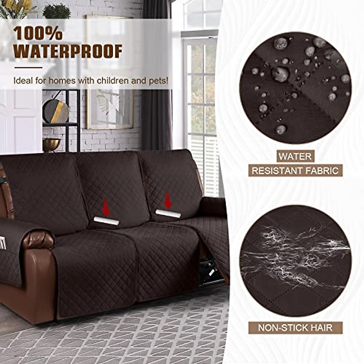 KinCam Waterproof Recliner Sofa Cover, Non-Slip Reclining Couch Covers for 3 Seat, Recliner Couch Cover Furniture Protector with Elastic Straps for Pets, Kids, Dark Chocolate