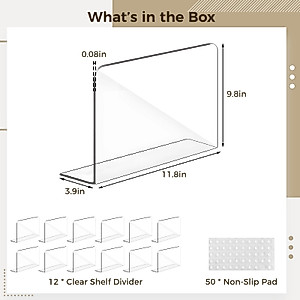 12 Pack Shelf Dividers for Closet Organization, Clear Plastic Shelf Dividers for Closets, L-Shaped Shelf Separators, Adjustable Dividing Board for Clothes, Handbags, Books, 12 x 4 x 10 Inch