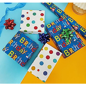 U'COVER Reversible Happy Birthday Wrapping Paper Roll for Kids Boys Girls - Birthday Greeting,Polka Dots Design Gift Wrapping Paper for Women Men Baby Shower Holiday 17.7inch×394inch Single Rolls