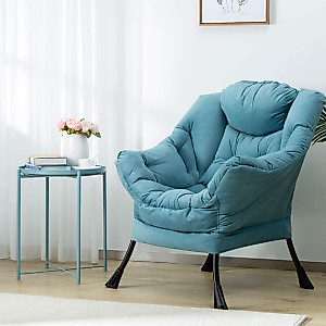 HollyHOME Modern Fabric Lazy Chair and Folding Footrest Stool, Accent Contemporary Lounge Chair and Portable Ottoman, Steel Frame Leisure Sofa Chair and Metal Cotton Anti-Slip Footstool, Blue