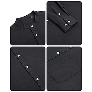 Alimens & Gentle Men's Cotton Linen Shirts Long Sleeve Button Down Shirt Band Collar Beach Shirts Black