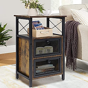 Caredear Rustic Brown Nightstand with 2 Drawers- 16" L x 12" W x 24" H Sofa Side Table with Storage, Farmhouse Nightstand for for Small Space, Vintage Small Bedside Table, 2 Mesh Metal Door Drawer
