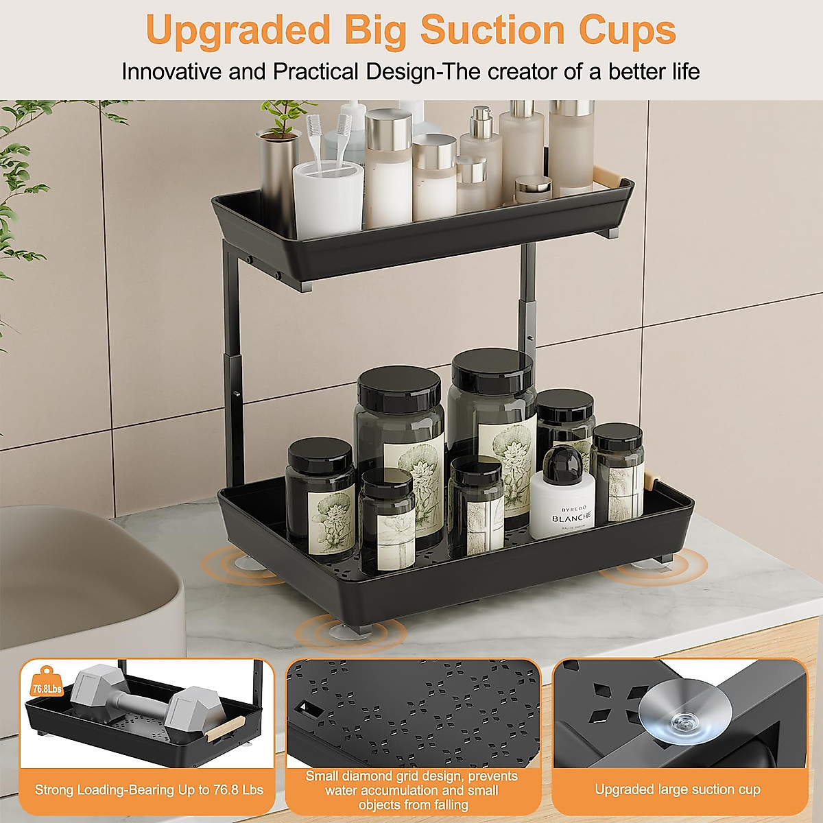 LIUMAYAS 2 Pack Under Sink Organizer Pull 0ut, 3 Height Adjustable Under Kitchen Sink 0rganizer and Storage Black, 2 Tier Double Sliding Drawer Cabinet Organizer for Kitchen Bathroom Pantry