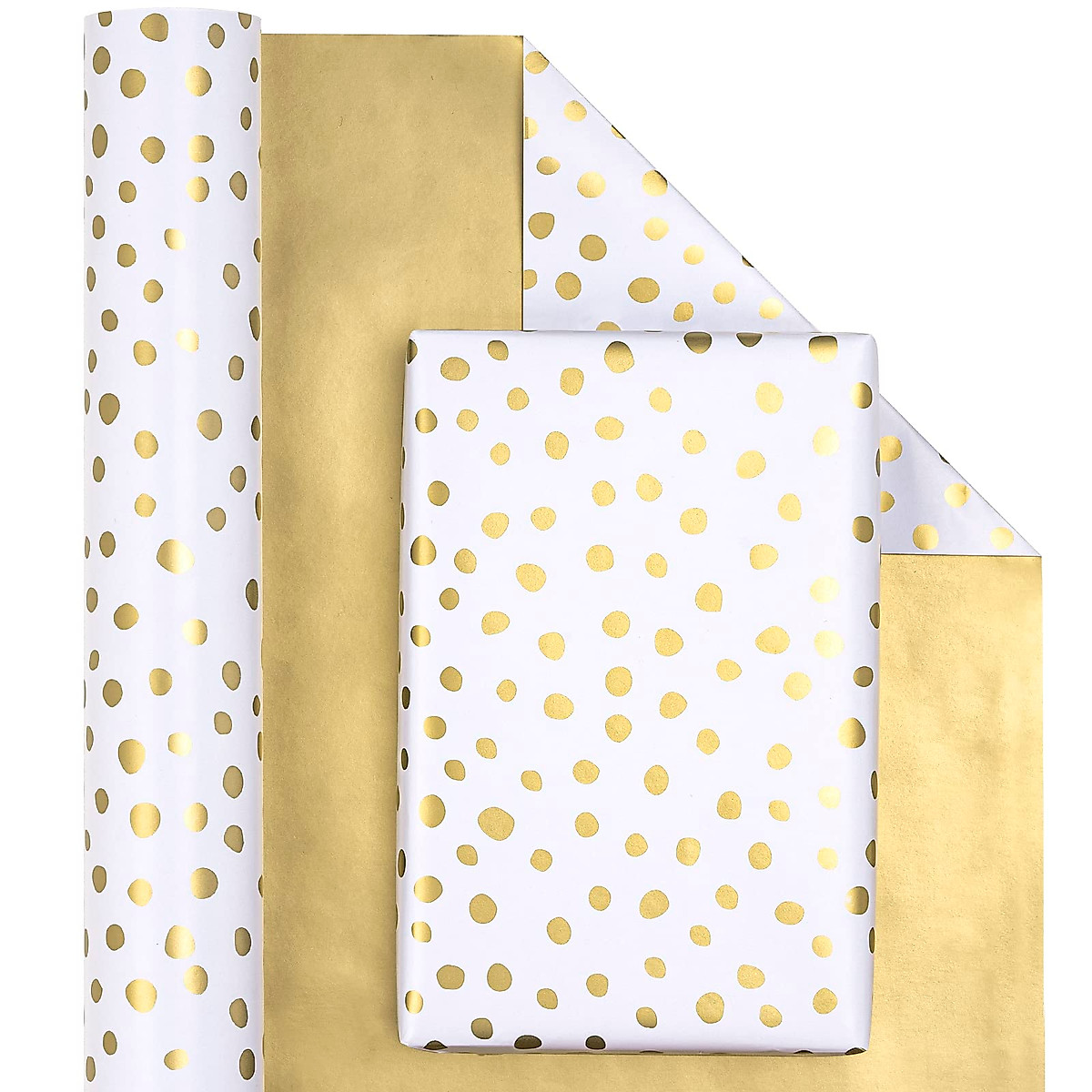 WRAPAHOLIC Reversible Wrapping Paper - Mini Roll - 17 Inch X 33 Feet - Gold Print and Delicate Polka Dots Design for Birthday, Holiday, Wedding, Baby Shower