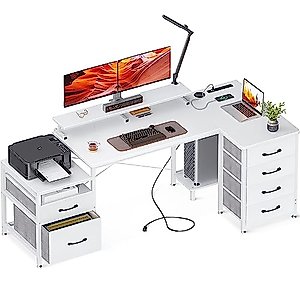 KKL Home Office Desk with File Drawer & 3 Power Outlets &2 USB Ports, 55'' L Shaped Desk with Storage Shelves, Printer Cabinet and Monitor Shelf, Computer Table Executive Desk Workstation, White