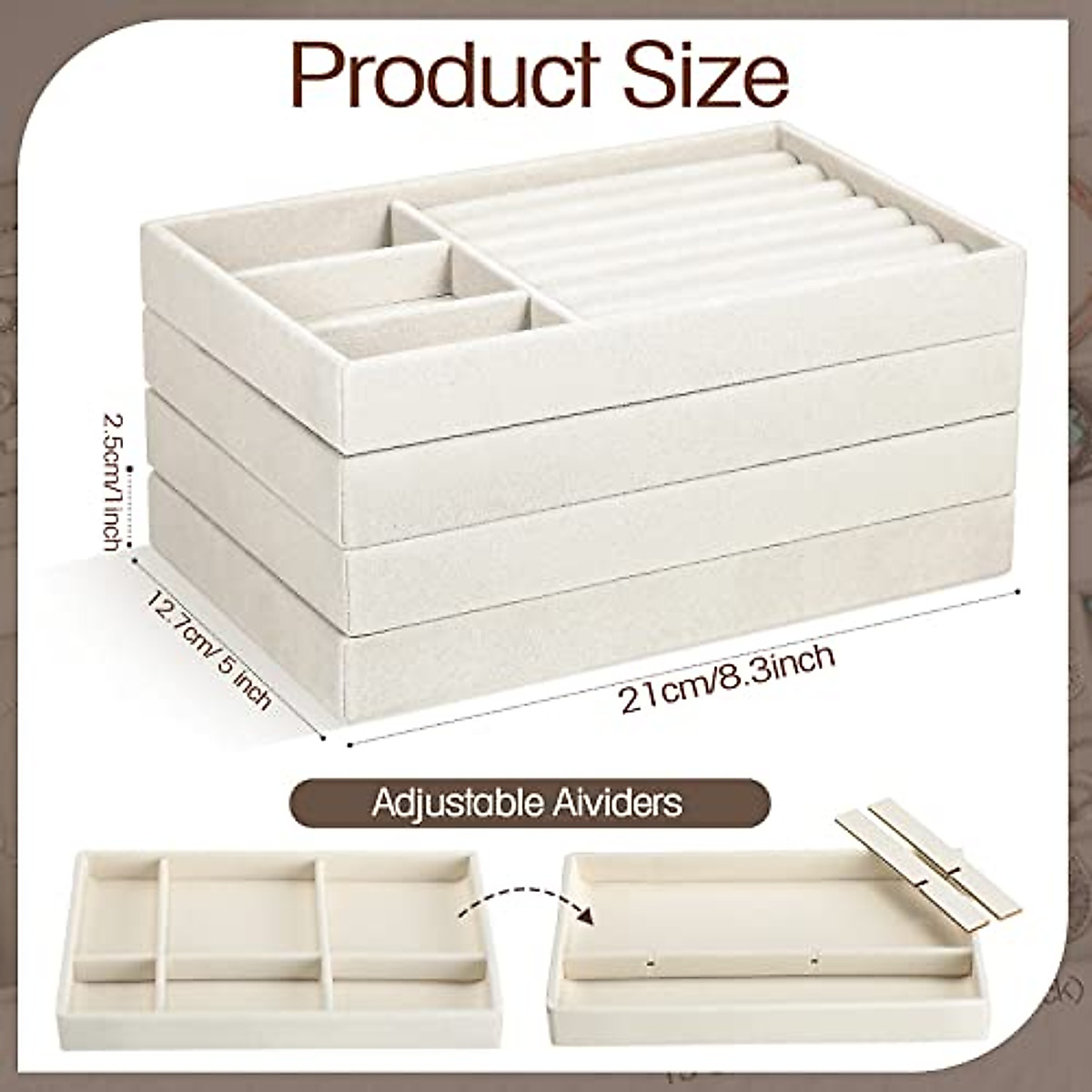 16 Pcs Small Stackable Jewelry Organizer Trays for Drawers, 8.3x5x1 Inch Small Velvet Jewelry Closet Dresser Inserts Divider Rings Earring Storage Display Gift for Women Girl Wedding Birthday (Beige)