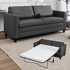 BALUS Faux Leather Pull Out Sofa Bed, 2-in-1 Queen Size Couch Bed with Fold Out Mattress, Modern Convertible Sleeper Sofa Couch, Leather Loveseat Futon Couches for Living Room-Dark Grey