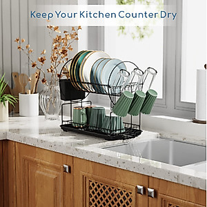 GSlife Small Dish Drying Rack - 2-Tier Dish Rack with Drainboard, Utensils Holder, Glass Holder for Kitchen Counter, Tiered Dish Drainer for Small Space, Black