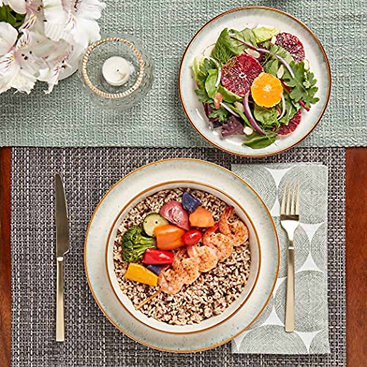 Tabletops Gallery Speckled Farmhouse Collection- Stoneware Dishes Service for 4 Dinner Salad Appetizer Dessert Plate Bowls, 12 Piece Hanover Dinnerware Set in Teal