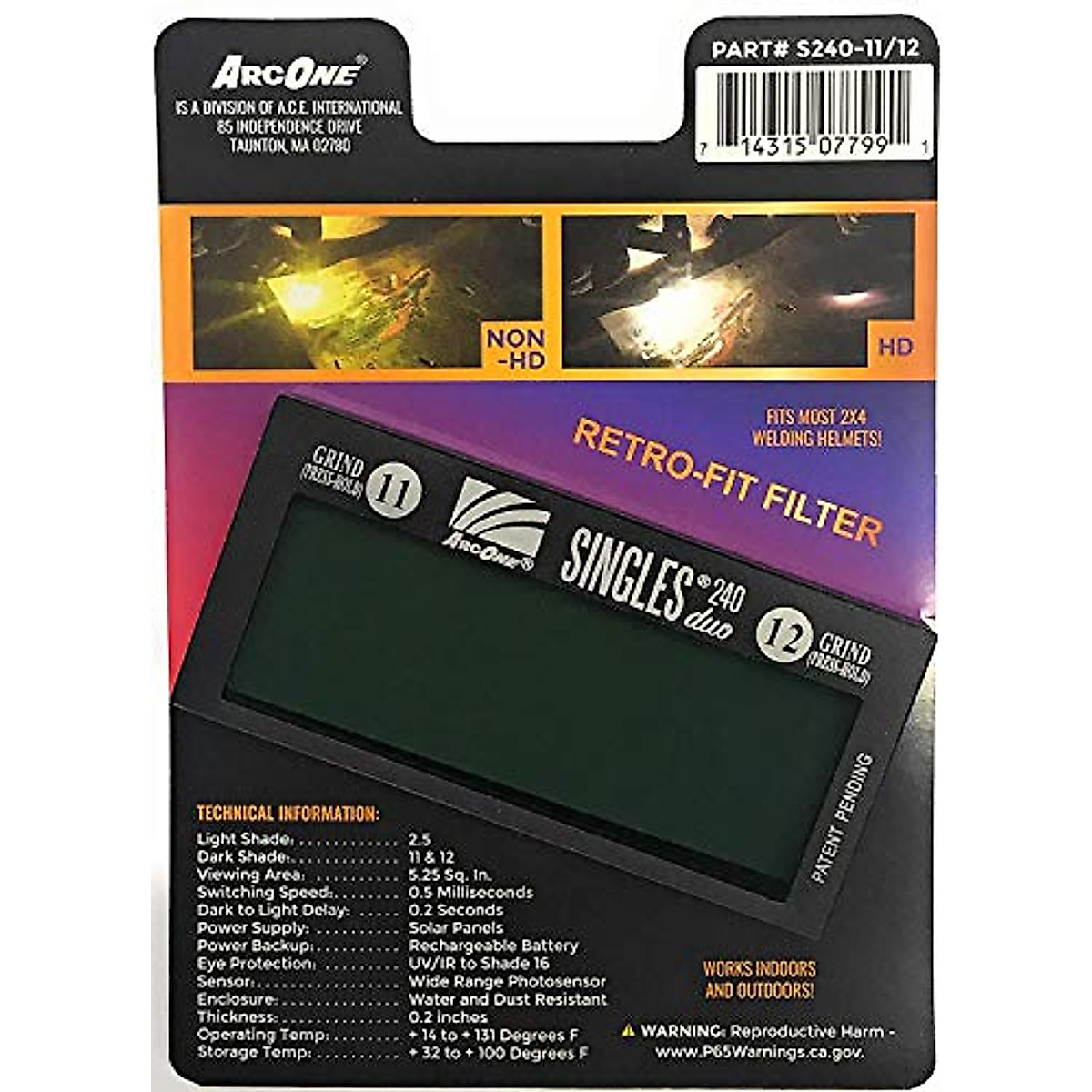 ArcOne S240 DUO Horizontal Single Auto-Darkening Filter for Welding, 2 x 4", Variable Shade, Grind Mode HD (Shade 11/12)