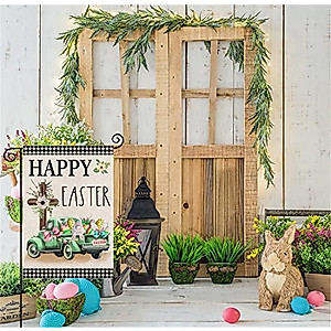 Happy Easter Garden Flag 12x18 Inch Double Sided Buffalo Plaid with Truck Cross Rabbit Eggs,Small Yard Flag for Outside Farmhouse Holiday Spring Outdoor Decor