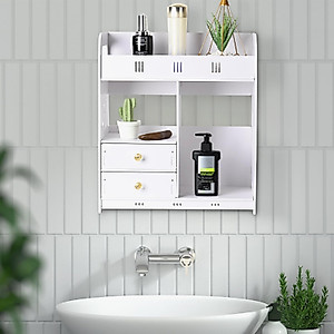 Hesitroad Modern Bathroom Cabinet, Wall Mount Hollow Flower Carved Toilet Storage Shelf Medicine Floor Cabinets Punching Free Cosmetics Organizer for Toilet Kitchen Living Room White