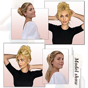 RUWISS Claw Clip Messy Bun Hair Piece Real Human Hair Buns Wavy Curly Chignon Hair Bun Extensions Tousled Updo Hair Buns Claw Clip Ponytail Hairpieces (Dark Brown with Golden Blonde)