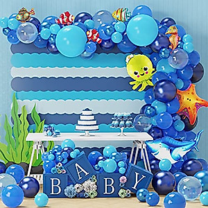 Ocean Animals Balloon Arch Kit-120pcs Midnight Blue Light Blue Metallic Blue with Different Ocean Animals Balloons for Birthday Party