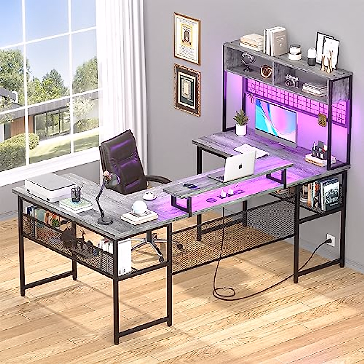 Unikito U Shaped Computer Desks with Hutch, 106 Inch Large Reversible L Shaped Office Desk with Power Outlets and LED Strip, U Shape Gaming Table with Monitor Stand and Storage Shelves, White Oak
