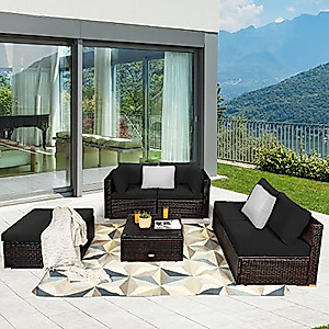 HAPPYGRILL 6 Pieces Patio Conversation Set Outdoor Wicker Furniture Set Rattan Sofa Set with Seat & Back Cushions Coffee Table for Patio Garden Lawn Poolside Backyard