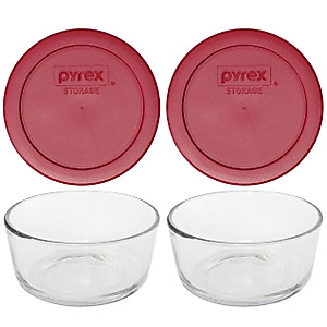 Pyrex (2 7200 Glass Bowls & (2) 7200-PC Sangria Red Lids Made in the USA