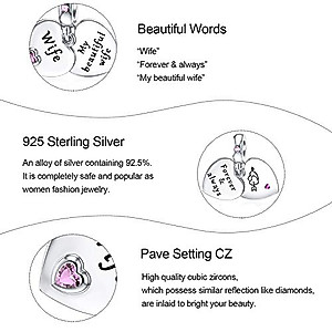 JIAYIQI Wife Charm Fit Pandora Charms Bracelet 925 Sterling Silver Dangle Beads with Cubic Zirconias Heart Shape Love Charms for Women Birthday Valentine's Day Present