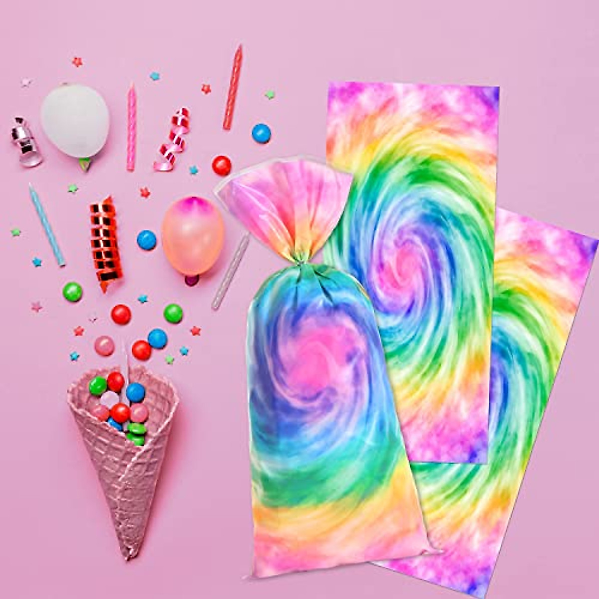 GITMIWS 100 Pieces Tie Dye Cellophane Bags, Rainbow Color Cellophane Goodie Bags for Birthday Treat Bags, Party Favor Bags for Kids, Tie Dye Party Supplies, Tie Dye Birthday Party Decorations