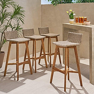 GDFStudio Outdoor Wood & Wicker Barstools (Set of 4), Light Brown and Teak