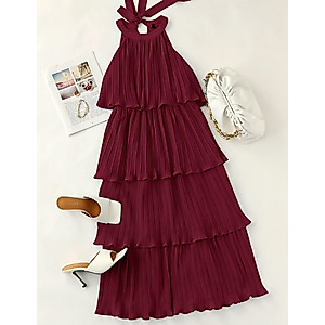 ZESICA Women's 2024 Summer Sleeveless Halter Neck Ruffle Tiered Layed Chiffon Flowy Swing Long Midi Dress,Wine,Medium