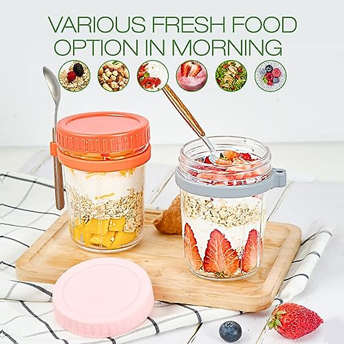 Hoa Kinh Overnight Oat Containers with Lids and Spoon 16oz 2Pack Glass Mason Jars for Overnight Oats, Cereal, Milk, Vegetable and Fruit Salad, Airtight Jars with Two Measurement Marks(Grey and Green)