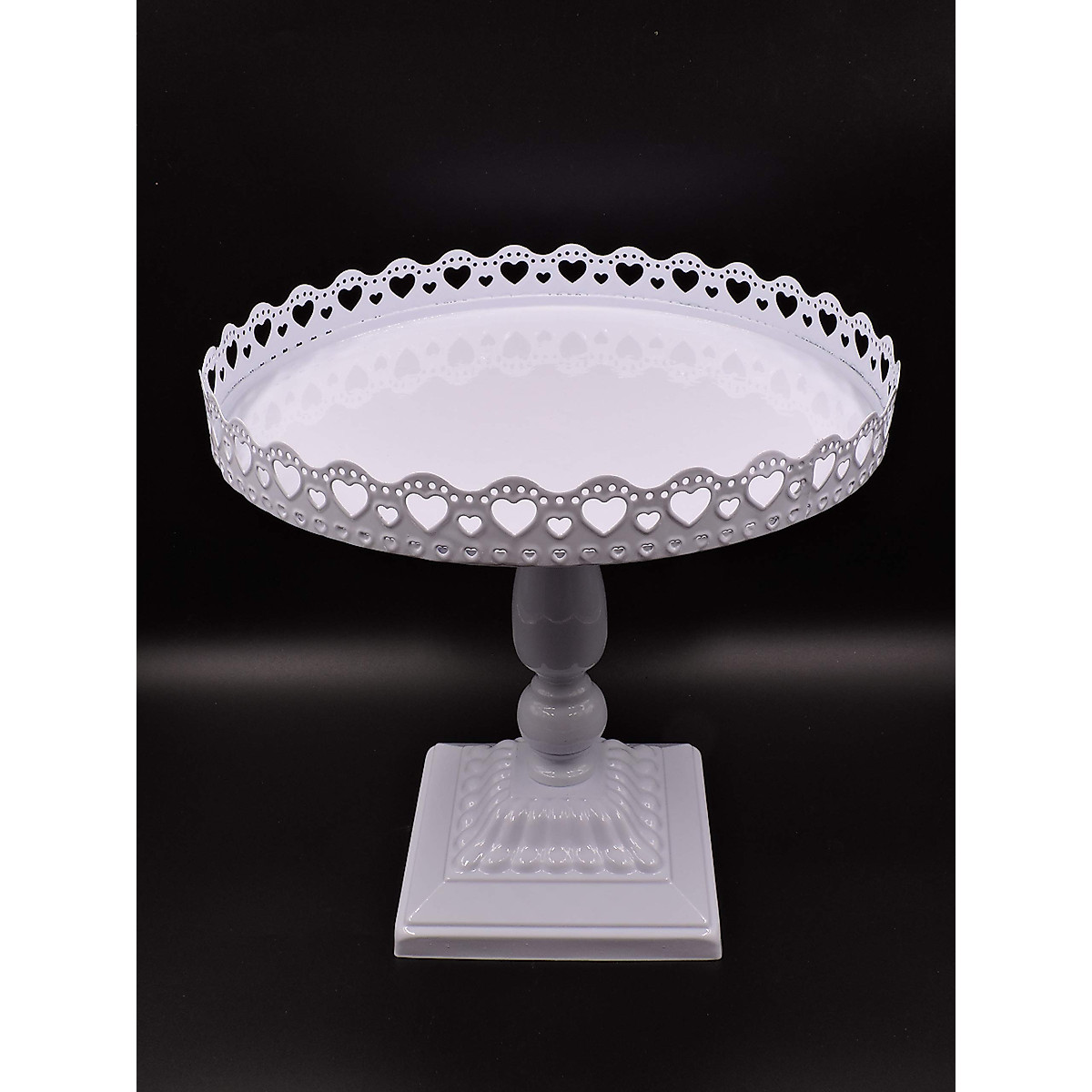 hadaaya 12 Inches White Metal Footed Cake Stand with Hearts Shape Border, Dessert Display Stand, Serving Plate, Pedestal stand for a Birthday party, Weddings, Baby Shower. Christmas Holiday Gifts