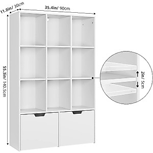 GAOMON 9 Cube Storage Organizer with Drawers, White Tall Bookshelf with Storage, Wooden 3-Tier Open Freestanding Shelf, for Kids Room, Living Room, Office, Bedroom