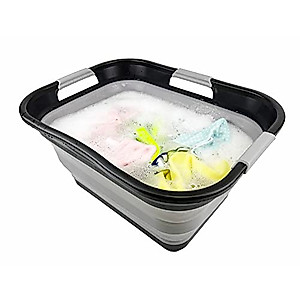 SAMMART 30L (8 gallon) Set of 2 Collapsible Plastic Laundry Basket - Foldable Pop Up Storage Container/Organizer - Portable Washing Tub - Water capacity: 24L (6.3 gallon) (Alloy Grey + Crystal Blue)