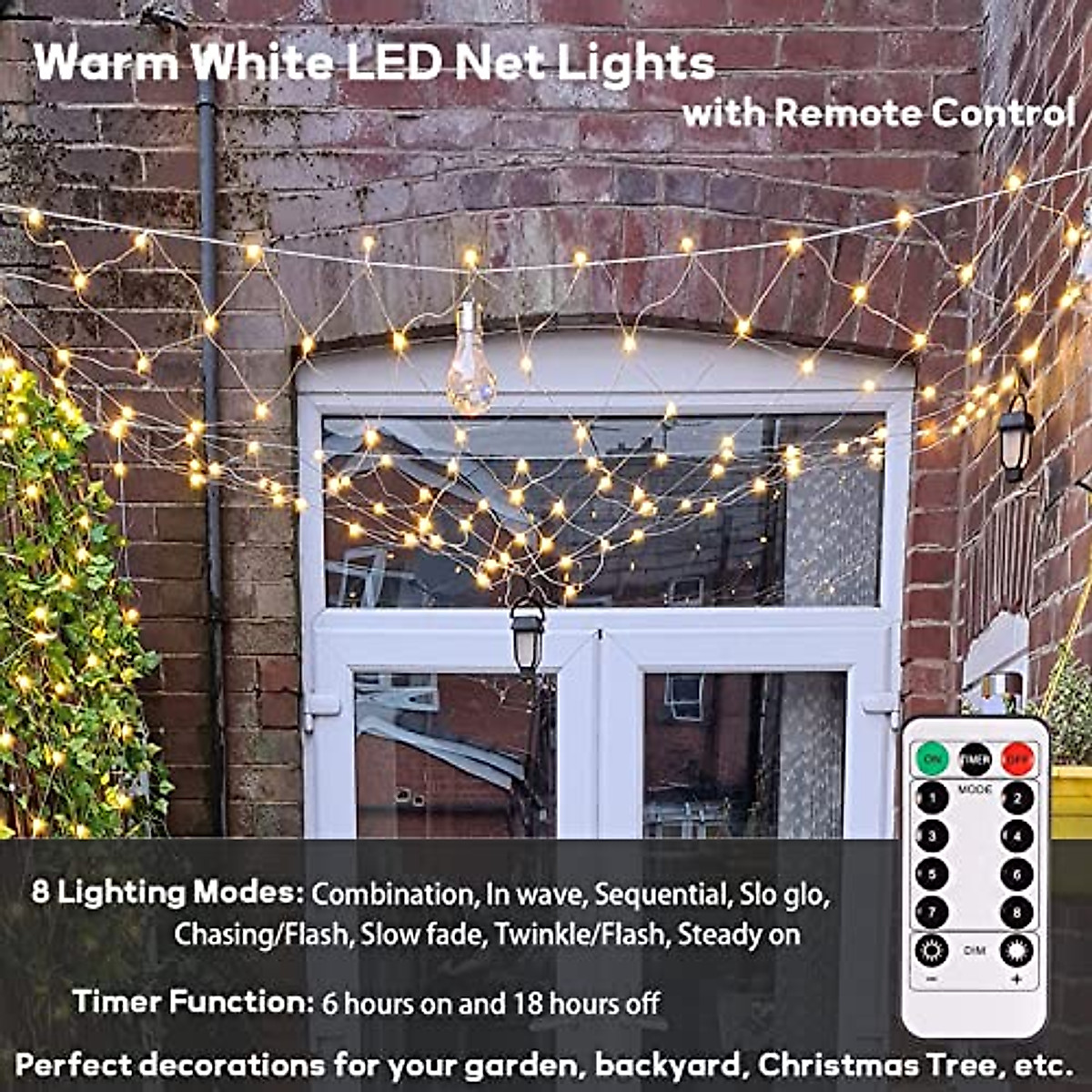 echsoari Battery Operated Net Lights, 100 LED Net Fairy Lights 8 Modes Remote Timer Dimmable Garden Patio Mesh Lighting for Bush Deck Fence Wall Party Wedding Christmas Decor (Warm White)