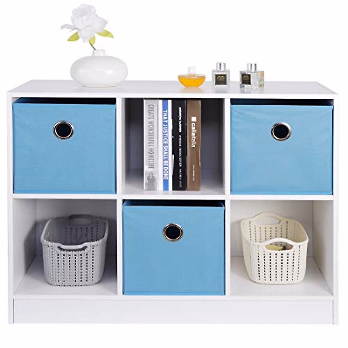 Nouva 3x2 Cubic Organizer 6 Cube Storage Bookcase Wooden Bookshelves Toy Organizers with 3 Non-Woven Bins for Bedroom Living Room, White&blue