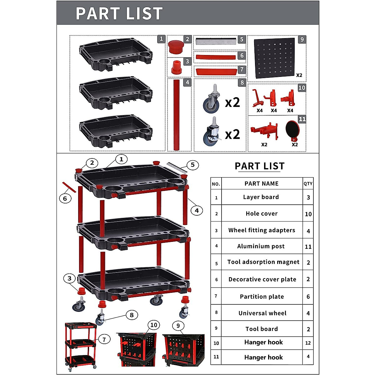 Ulable Auto Detailing Tool Cart, 3-Tier Utility Rolling Shop Cart with Side Hanging Plate and Hooks, Car Washing Cleaning Cart Organizer for Storing Your Tools, Tool Carts for Beauty Shop and Workshop