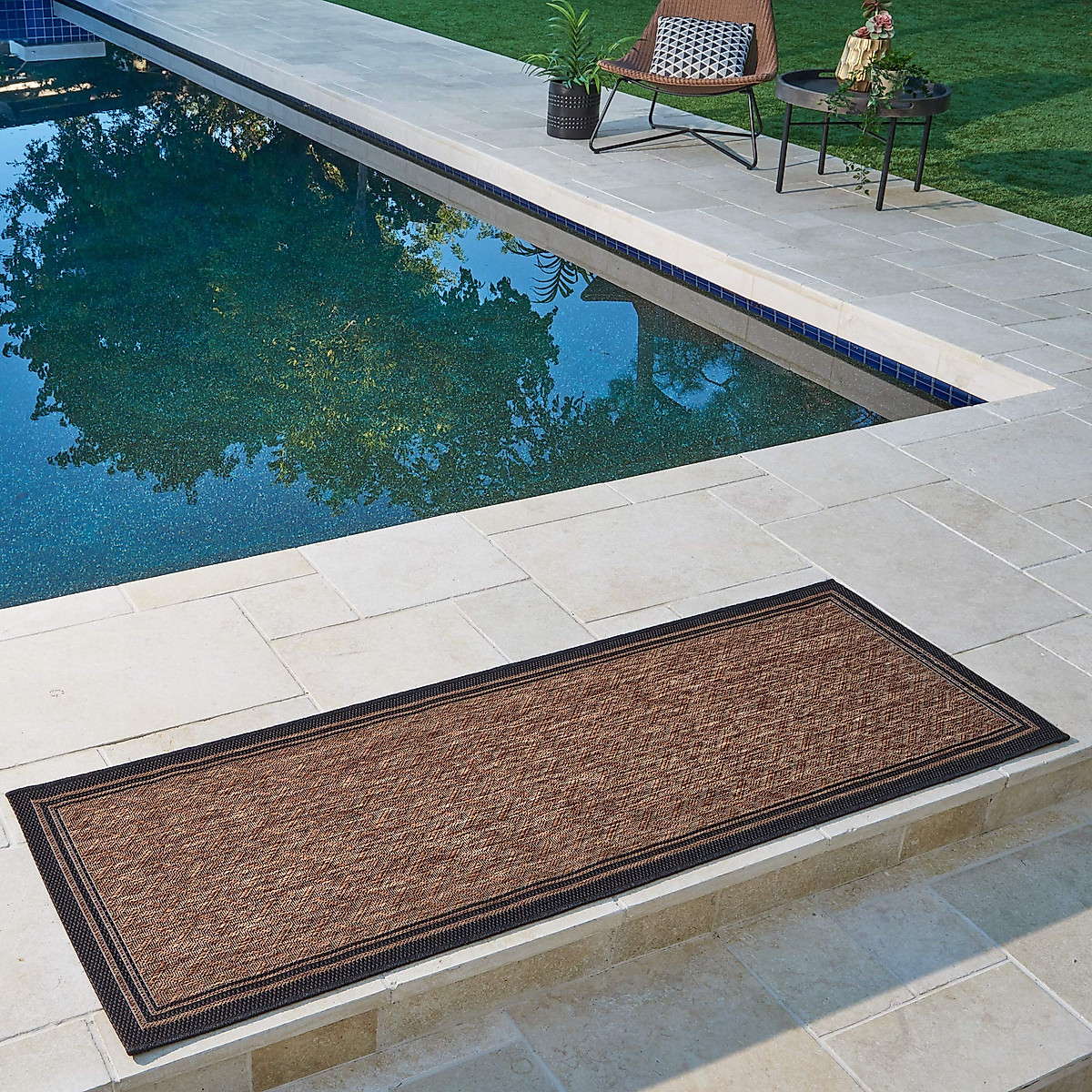 Gertmenian Indoor Outdoor Classic Flatweave Area Rug, Stain & UV Resistant Carpet, Deck, Patio, Poolside & Mudroom, 2x6 Ft Runner, Simple Border, Black Tan, 22013