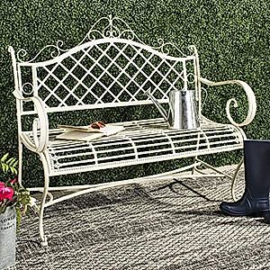 Safavieh PAT5017A Collection Adina Antique White Wrought Iron 51.25" Outdoor Garden Bench