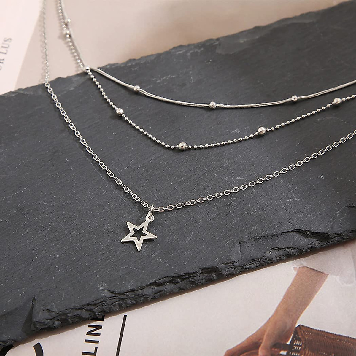 Aluinn Silver Star Layered Necklace Boho Choker Necklaces Chain Jewelry Layering for Women