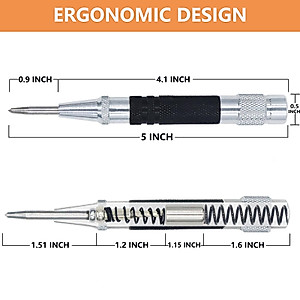2-Piece Automatic Center Punch, 5 inch Spring Loaded Center Hole Punch with Adjustable Stroke Punch Tool for Metal Wood Glass Plastic, Metal Punch Tool for Woodworking