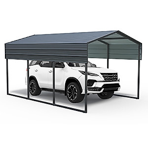 10x15 Ft Metal Carport, Heavy Duty Car Port with Galvanized Steel Roof, Outdoor Car Garage, Large Carport Canopy, Steel Car Shelter for Car, Boats and Truck, Charcoal Black