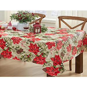 Newbridge Majestic Winter Poinsettia Festive Floral Christmas Print Vinyl Flannel Backed Tablecloth, Noel and Holly Berry Xmas Easy Care Wipe Clean Tablecloth, 60 Inch x 84 Inch Oblong/Rectangle
