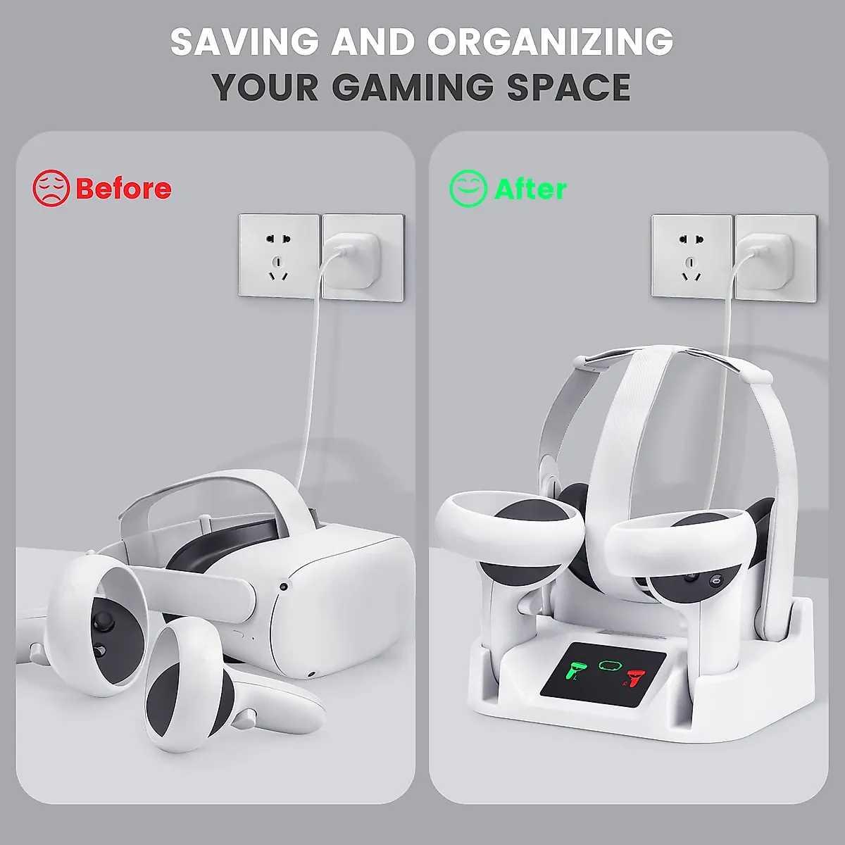 Charging Dock for Meta Quest 2,VR Charging Station for Oculus Quest 2 Touch Controller and VR Headset with 2 Rechargeable Batteries and USB-C Charger,Support Elite Strap (not for Quest 3)